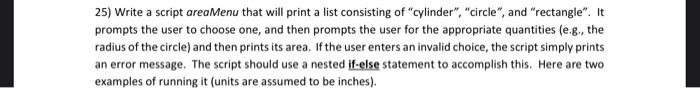 Solved 25) Write a script area Menu that will print a list | Chegg.com