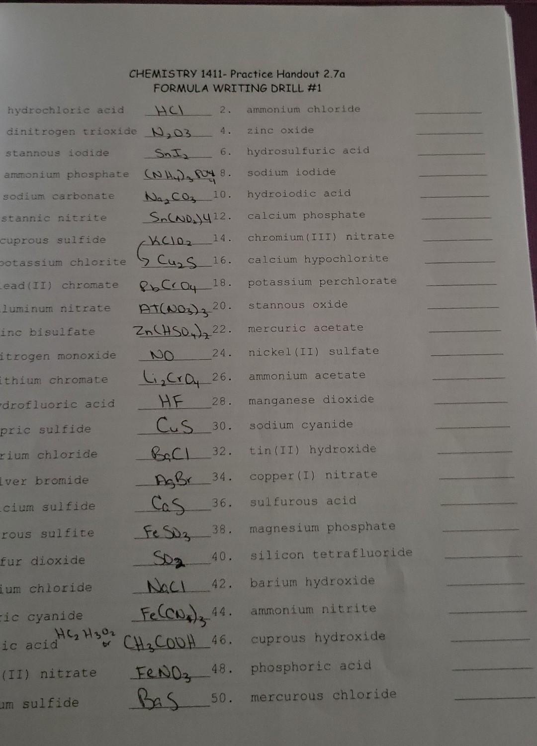 Solved CHEMISTRY 1411-Practice Handout 2.7a FORMULA WRITING | Chegg.com