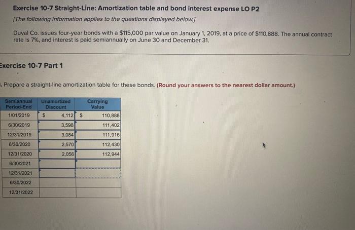 Solved Exercise 10-7 Straight-Line: Amortization table and | Chegg.com