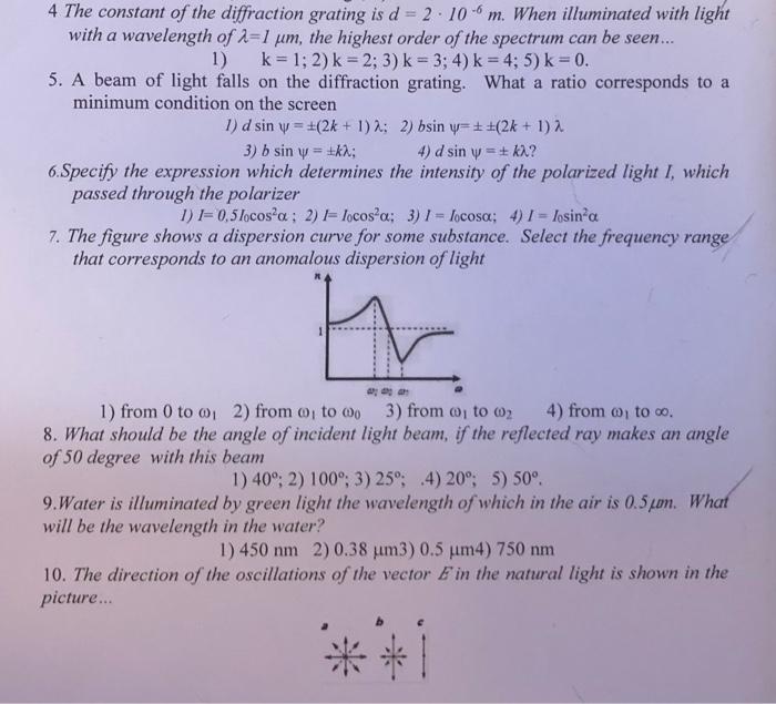 Solved 4 The constant of the diffraction grating is d = 2 10 | Chegg.com