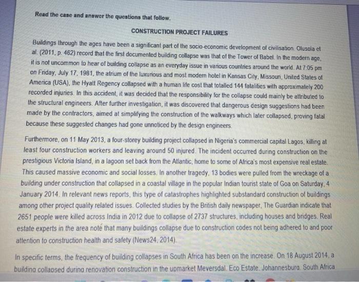 Solved CONSTRUCTION PROJECT FAILURES Buildings through the | Chegg.com