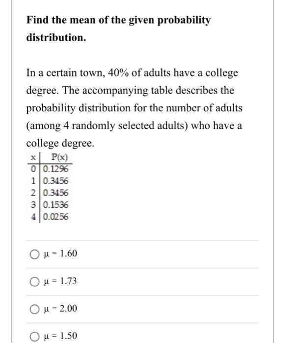 Solved Find the mean of the given probability distribution. | Chegg.com