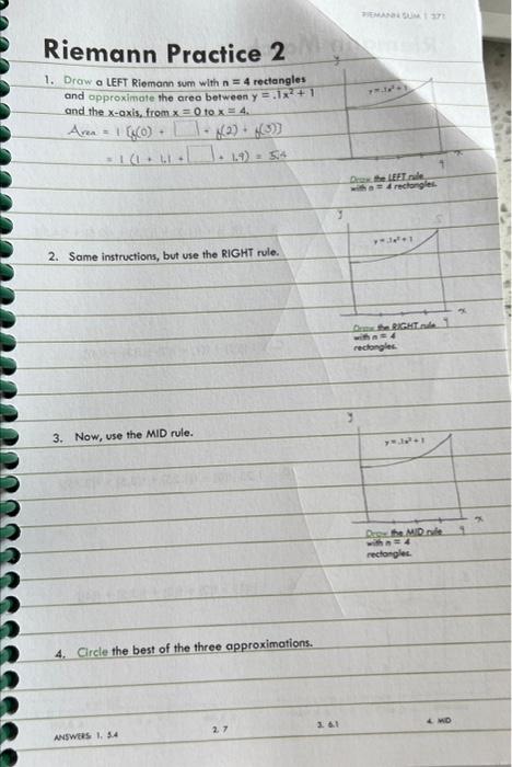 Riemann Practice 2 1. Drow a LEFT Riemann sum with | Chegg.com