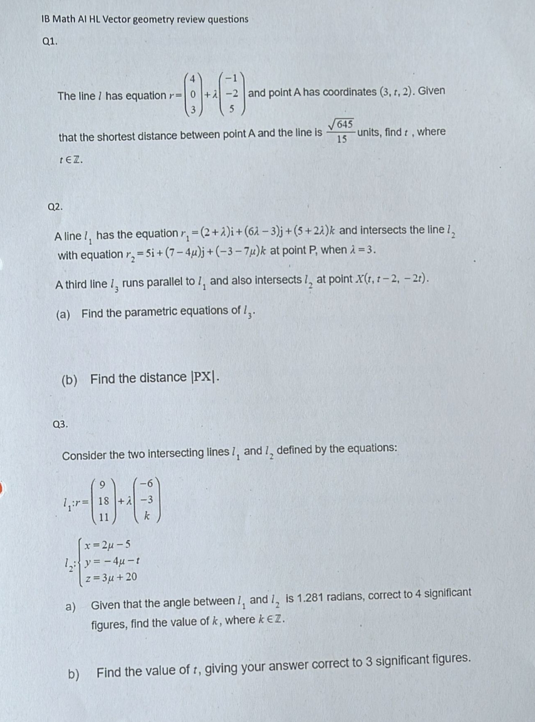Solved IB Math AI HL Vector geometry review questionsQ1.The | Chegg.com