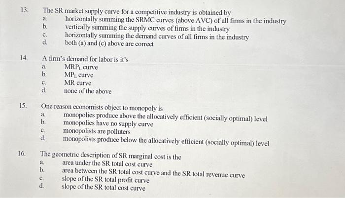 Solved 13. The SR market supply curve for a competitive | Chegg.com