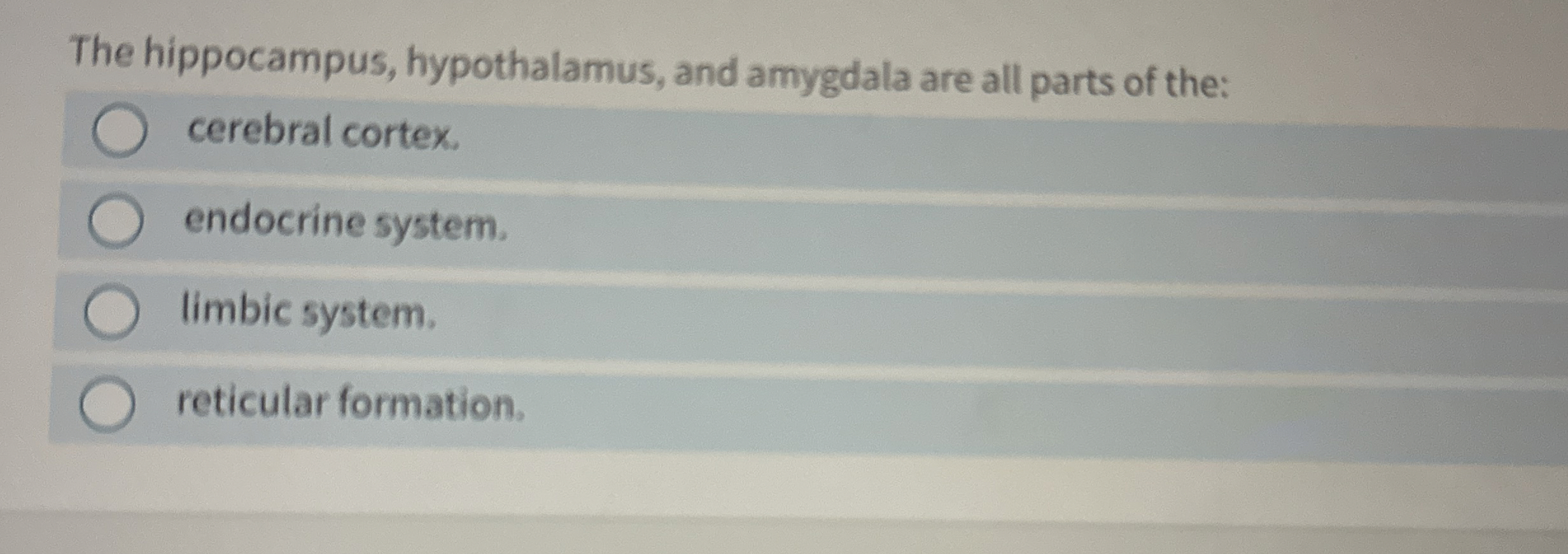 Solved The hippocampus, hypothalamus, and amygdala are all | Chegg.com