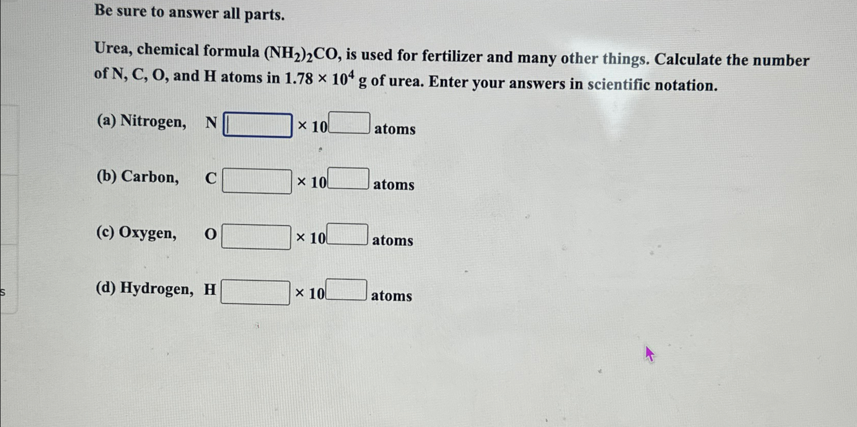 Solved Be sure to answer all parts.Urea, chemical formula | Chegg.com
