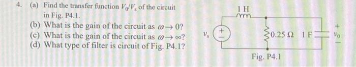 Solved 4. (a) Find the transfer function V0/Vs of the | Chegg.com