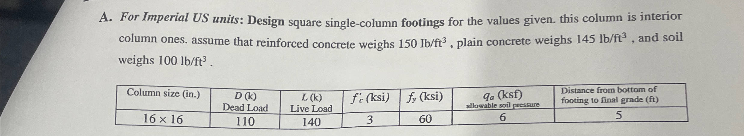 Solved A. ﻿For Imperial US units: Design square | Chegg.com
