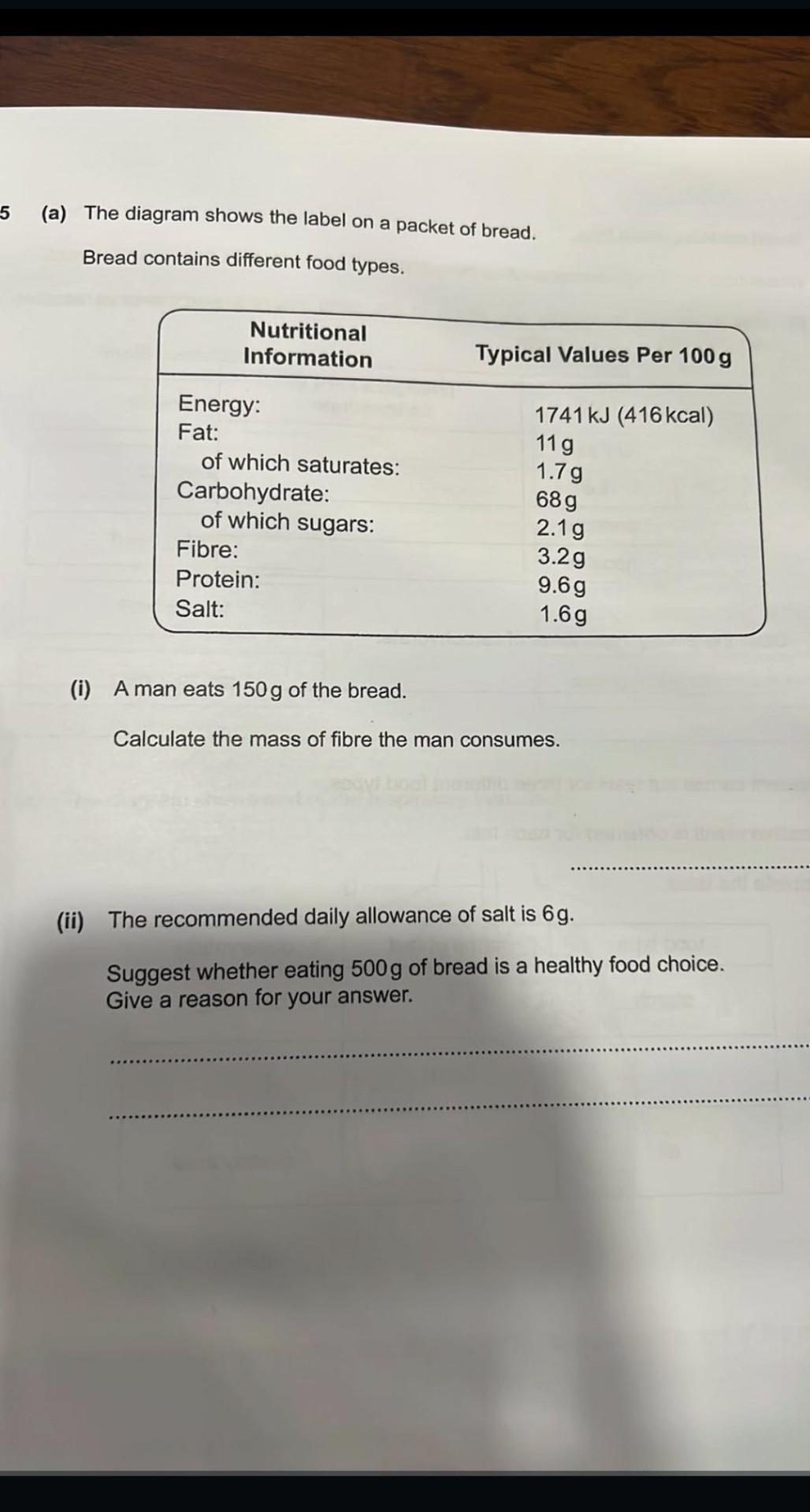 Solved (a) The diagram shows the label on a packet of bread. | Chegg.com