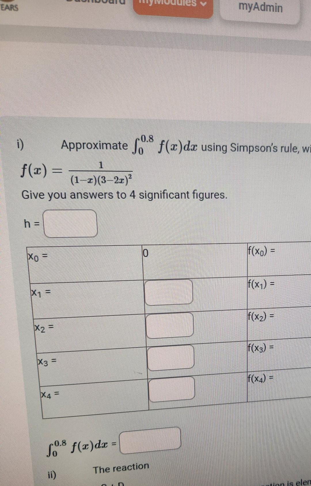 Solved i) Approximate ∫00.8f(x)dx using Simpson's rule, | Chegg.com