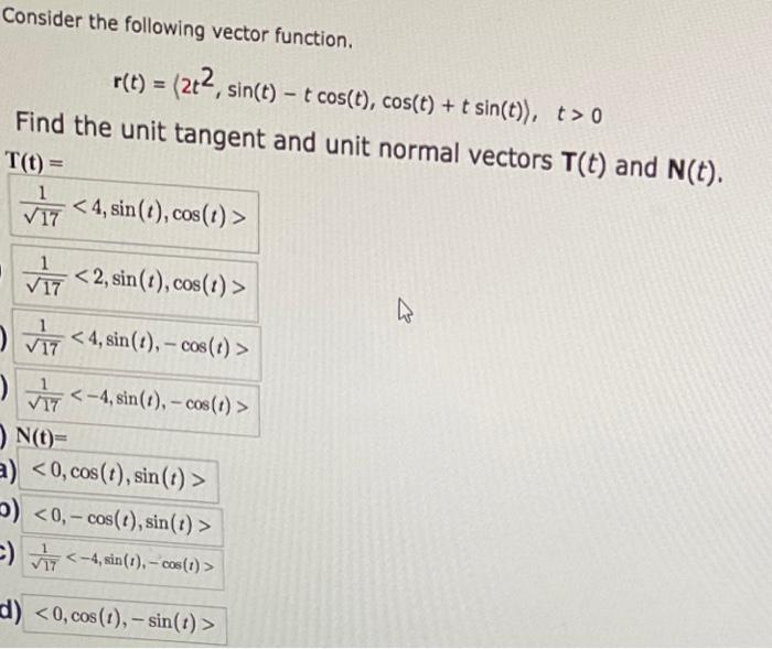 Solved Consider The Following Vector Function R T 2t2