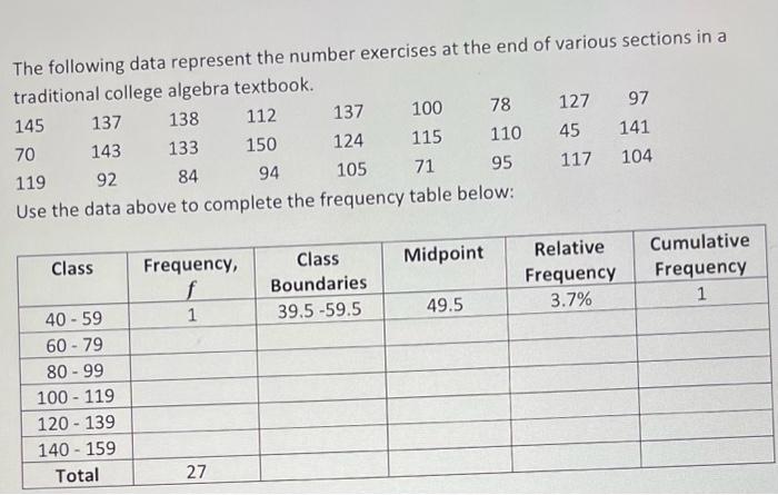 Solved The following data represent the number exercises at | Chegg.com
