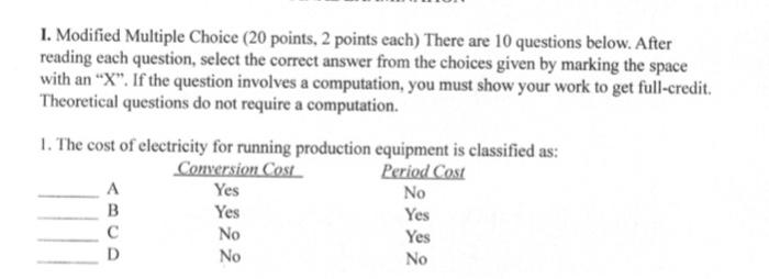 Solved 1. Modified Multiple Choice (20 points, 2 points | Chegg.com