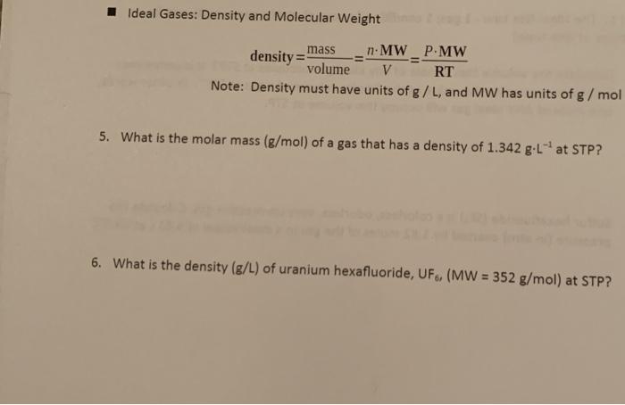 Solved Ideal Gases: Density and Molecular Weight mass | Chegg.com
