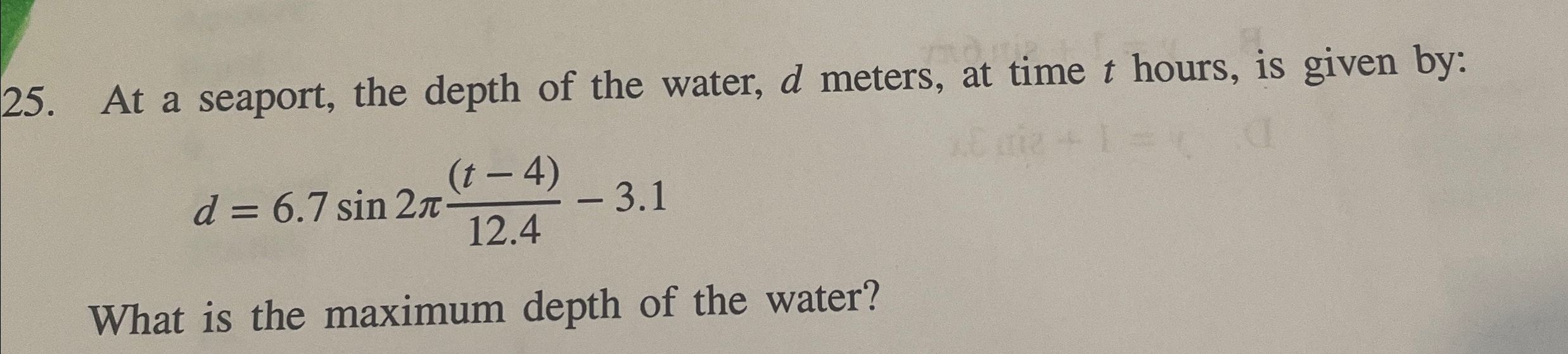 Solved At a seaport, the depth of the water, d ﻿meters, at | Chegg.com