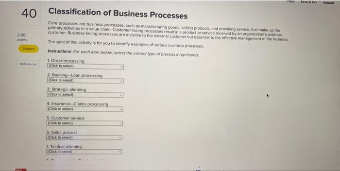 Classification of Business Processes Core processes | Chegg.com