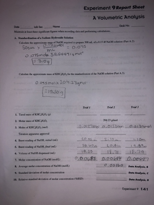 Solved Experiment 9 Report Sheet A Volumetric Analysis Date | Chegg.com