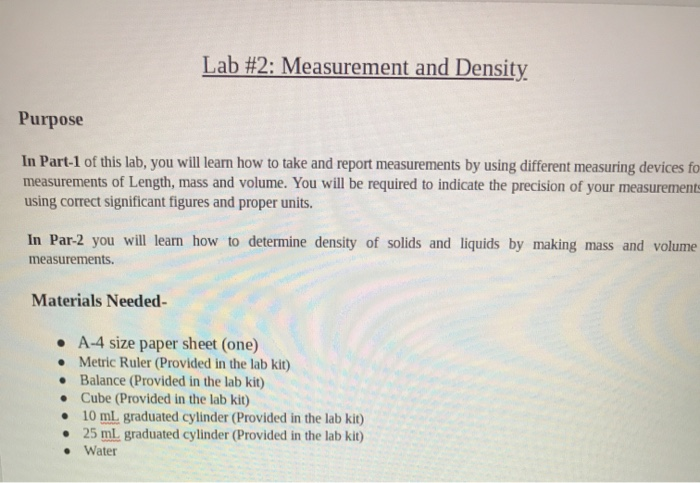 Lab #2: Measurement and Density Purpose In Part-1 of | Chegg.com