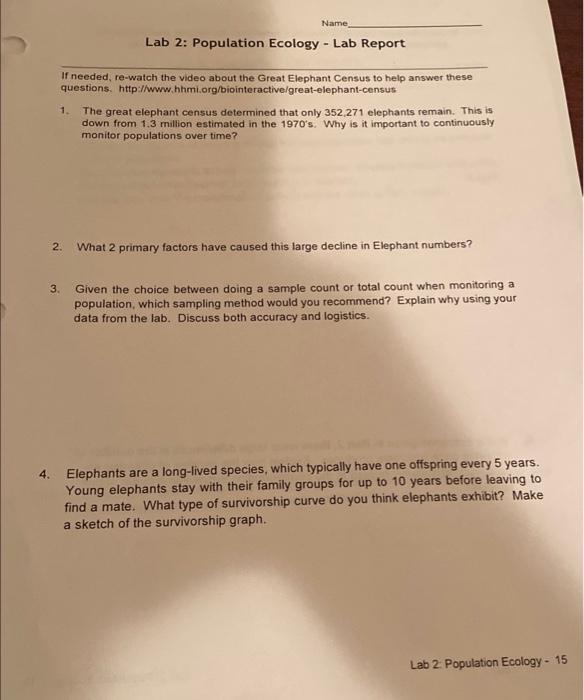 Name Lab 2: Population Ecology - Lab Report - If | Chegg.com