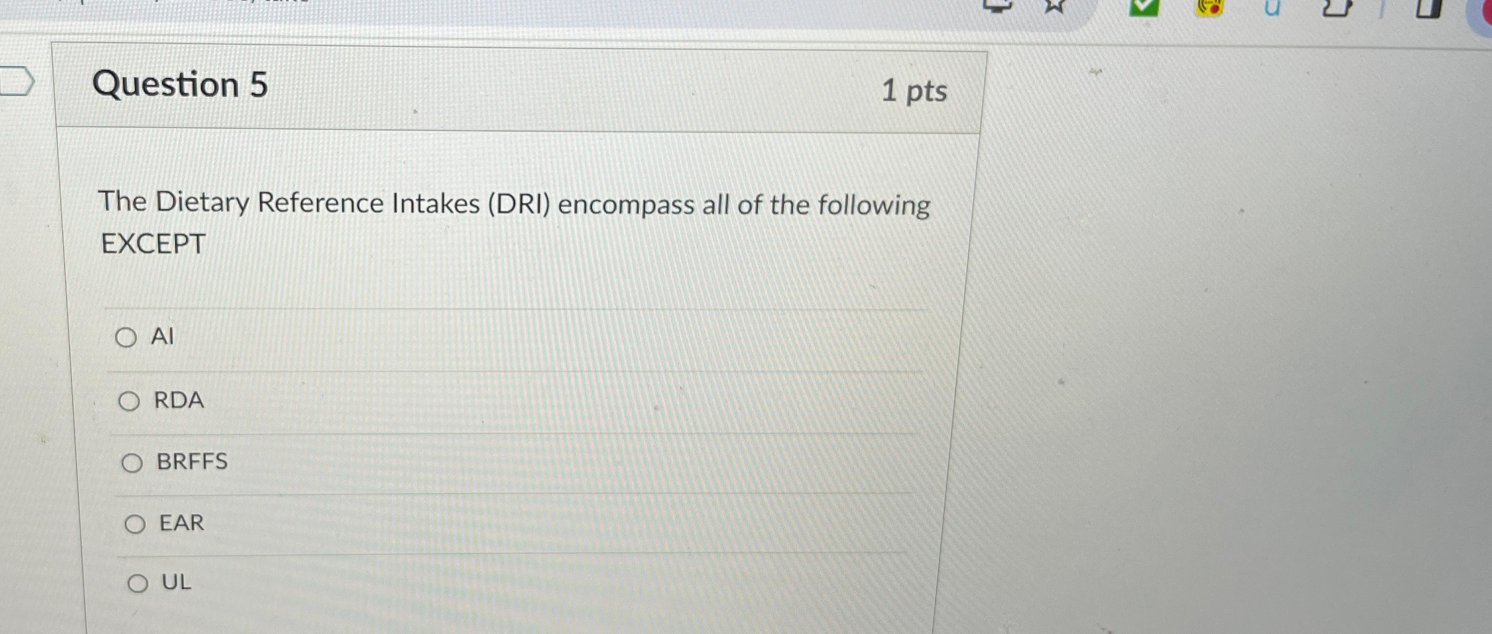 Solved Question 51 ptsThe Dietary Reference Intakes (DRI) | Chegg.com Solved Question 51 ptsThe Dietary Reference Intakes (DRI) | Chegg.com