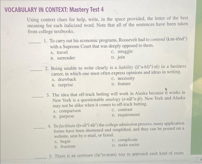 Solved VOCABULARY IN CONTEXT: Mastery Test 4 Using context | Chegg.com