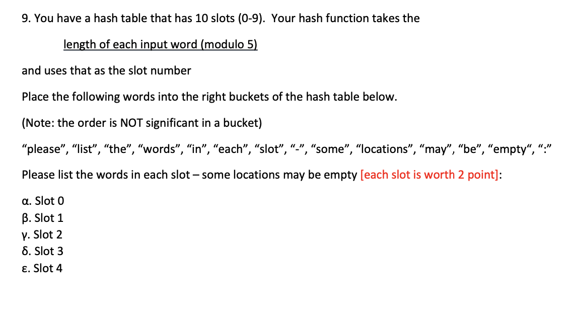 Solved You have a hash table that has 10 ﻿slots (0-9). ﻿Your | Chegg.com