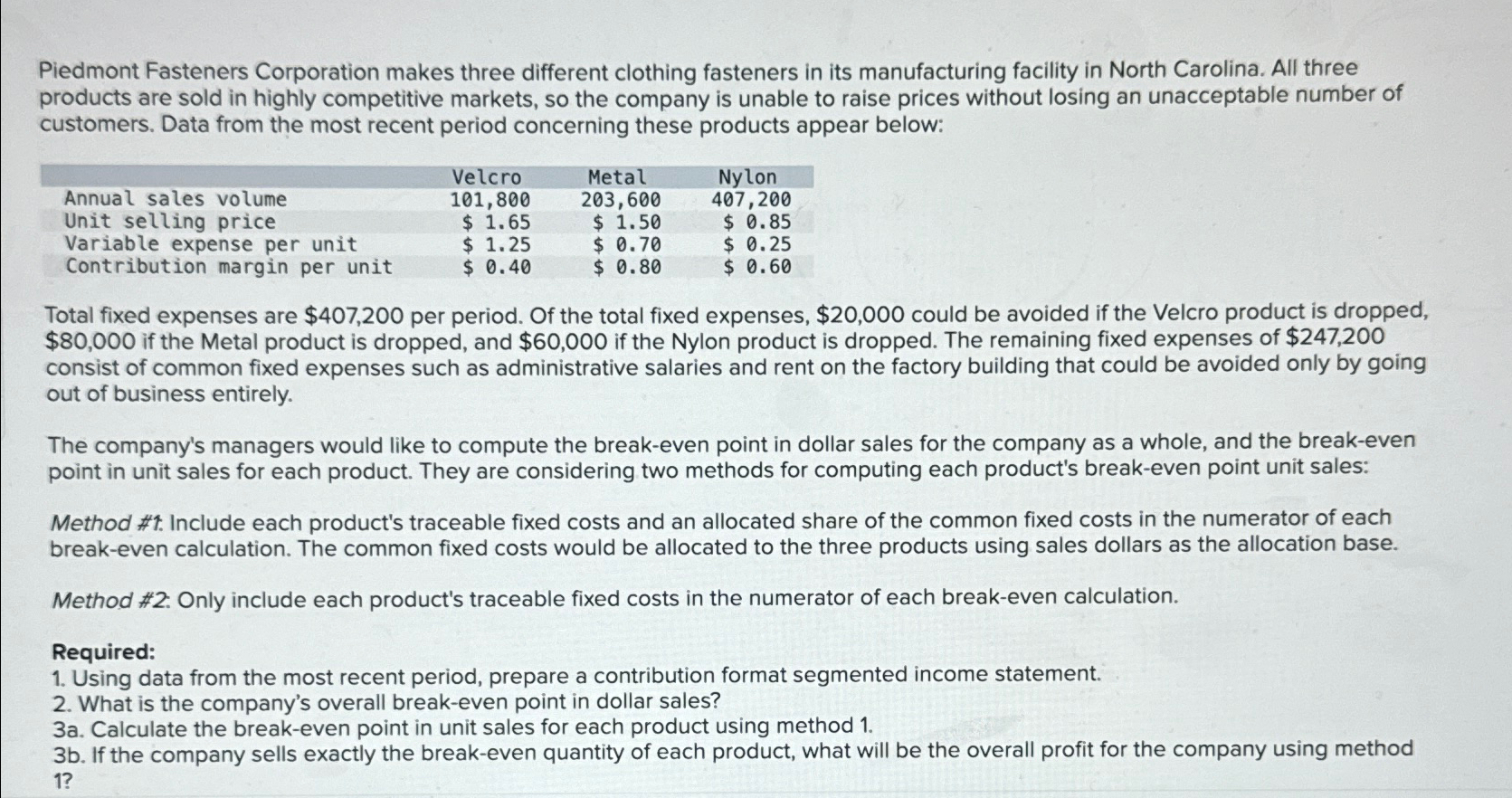 Solved Piedmont Fasteners Corporation makes three different | Chegg.com