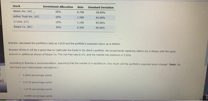 Solved Stock Investment Allocation Beta Standard Deviation | Chegg.com