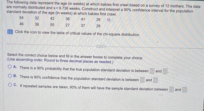Solved The following data represent the age (in weeks) at | Chegg.com