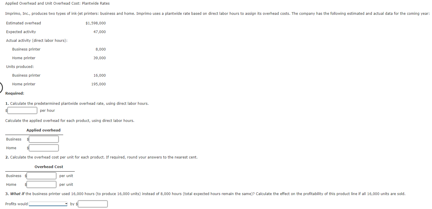 Solved Applied Overhead and Unit Overhead Cost: Plantwide | Chegg.com