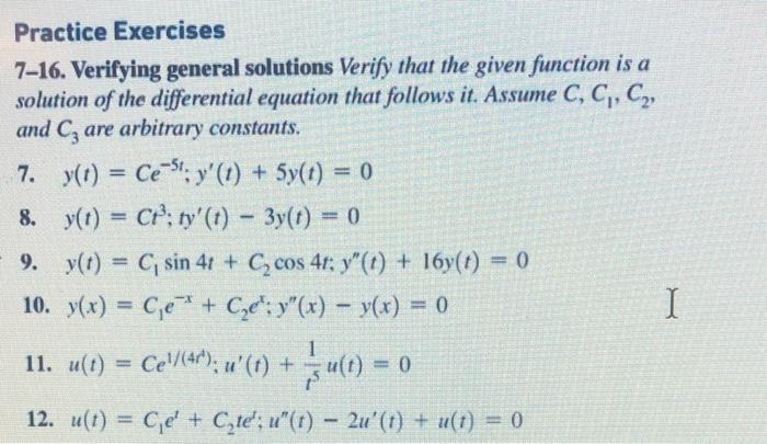 Solved Practice Exercises 7-16. Verifying general solutions | Chegg.com