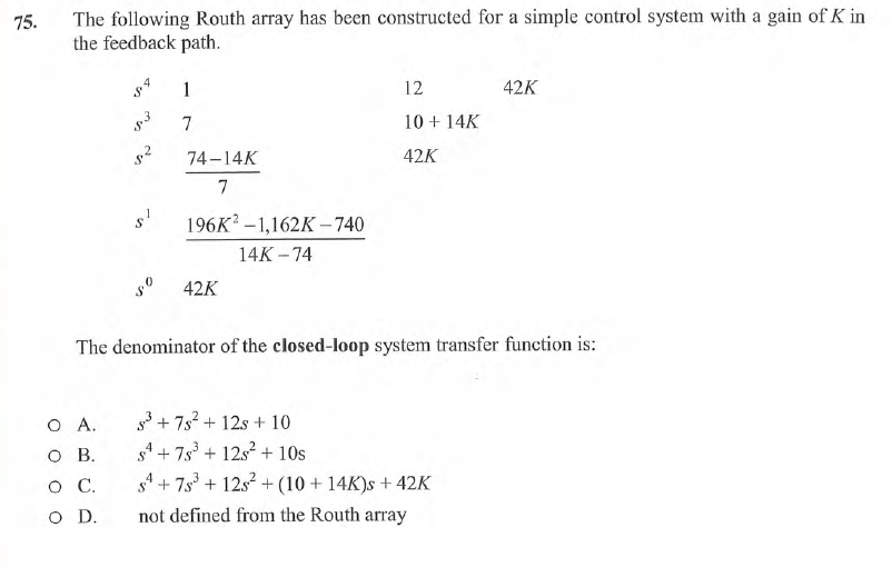 Solved The following Routh array has been constructed for a | Chegg.com