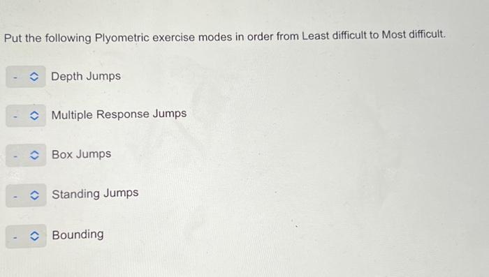 Solved Put the following Plyometric exercise modes in order | Chegg.com