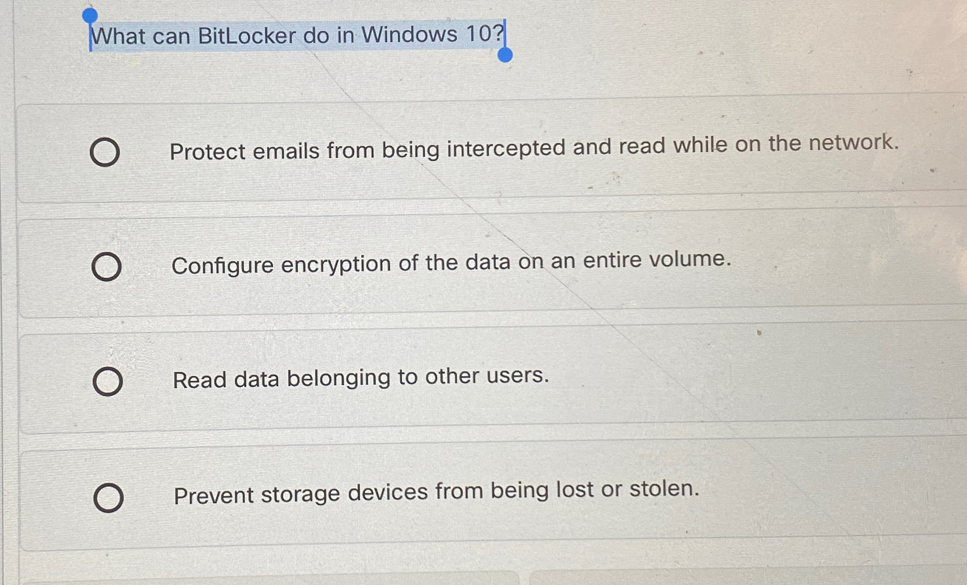 Solved What can BitLocker do in Windows 10?Protect emails | Chegg.com