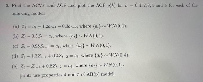 Solved 3. Find the ACVF and ACF and plot the ACF ρ(k) for | Chegg.com