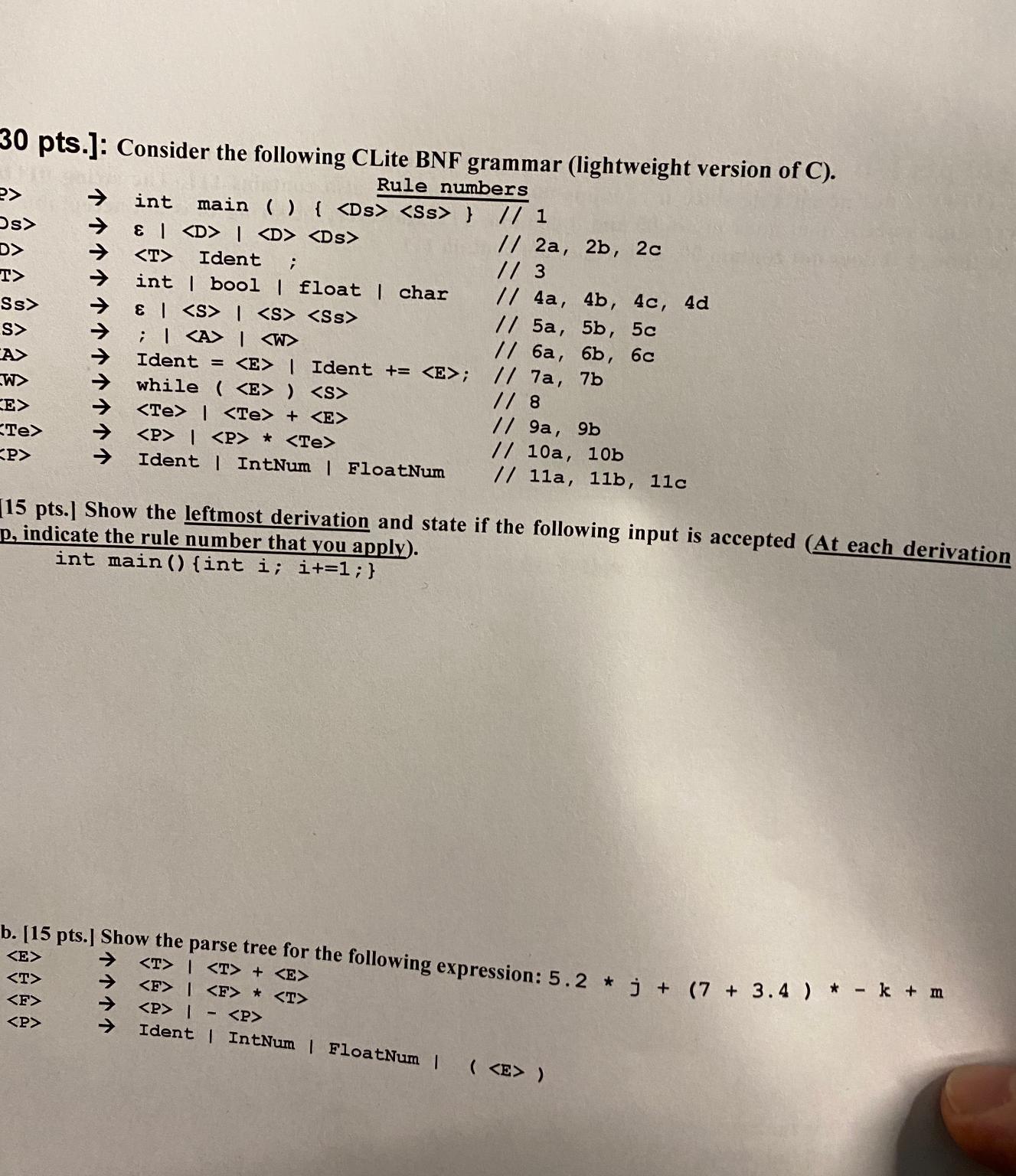 Solved 30 ﻿pts.]: Consider the following CLite BNF grammar | Chegg.com
