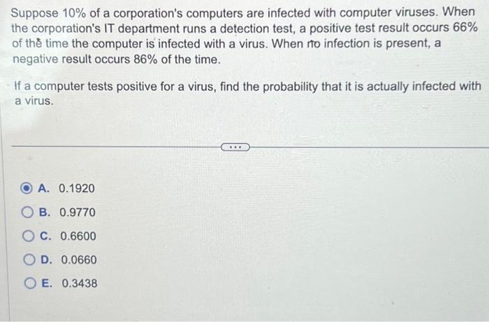 Solved Suppose 10% of a corporation's computers are infected | Chegg.com