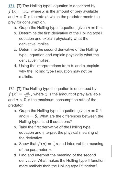 Solved 171. [T] The Holling type I equation is described by | Chegg.com