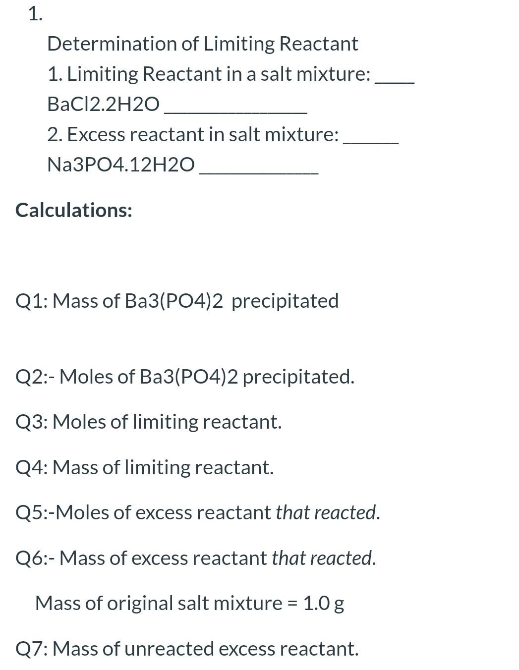 Solved Limiting Reactant Report Sheet Useful information The | Chegg.com