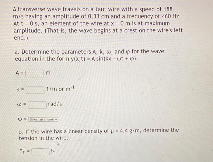 Solved A transverse wave travels on a taut wire with a speed | Chegg.com