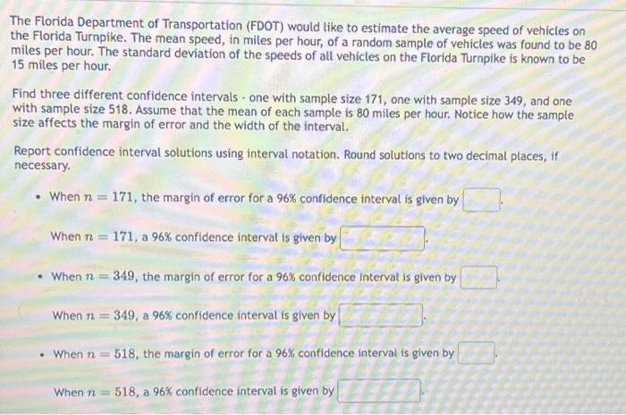 Solved The Florida Department of Transportation (FDOT) would | Chegg.com