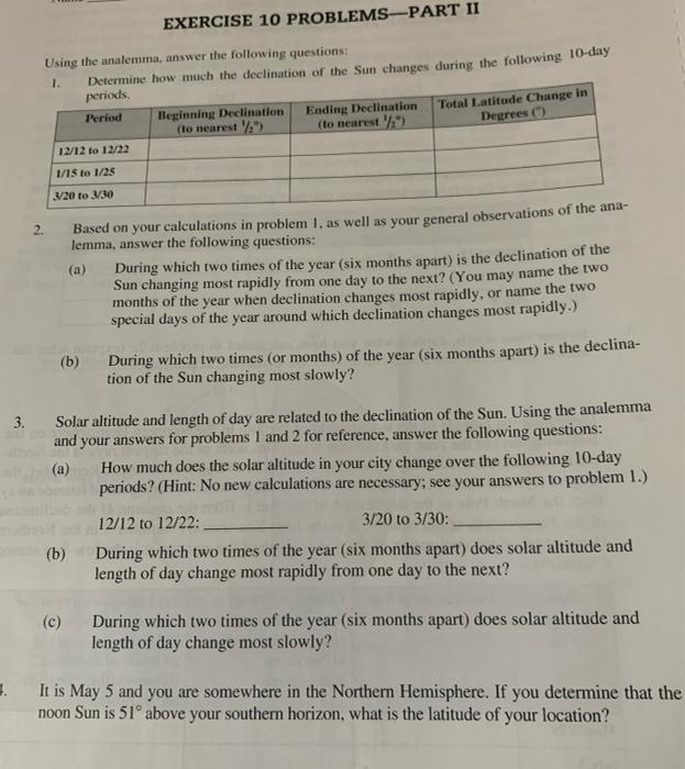 Solved EXERCISE 10 PROBLEMS-PART II Using the analemma, | Chegg.com