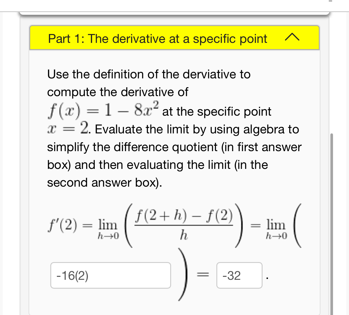 Solved Part 1: The derivative at a specific pointUse the | Chegg.com