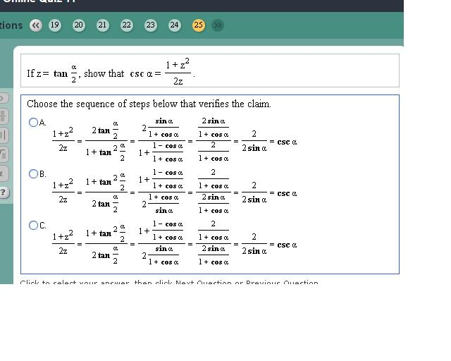 Solved If z = tan alpha/2, show that csc alpha = 1 + z2 / 2z | Chegg.com