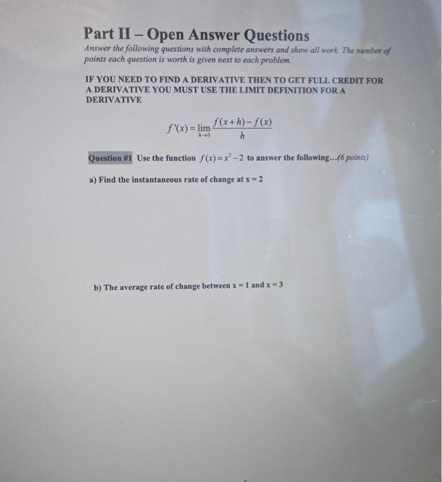 Solved Part II - Open Answer Questions Answer the following | Chegg.com