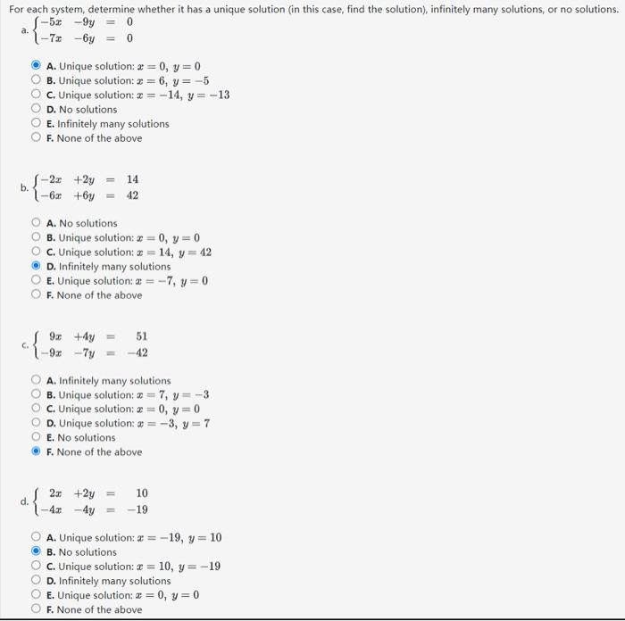 Solved For each system, determine whether it has a unique | Chegg.com