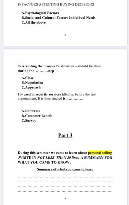 Solved 8-FACTORS AFFECTING BUYING DECISIONS A.Psychological | Chegg.com