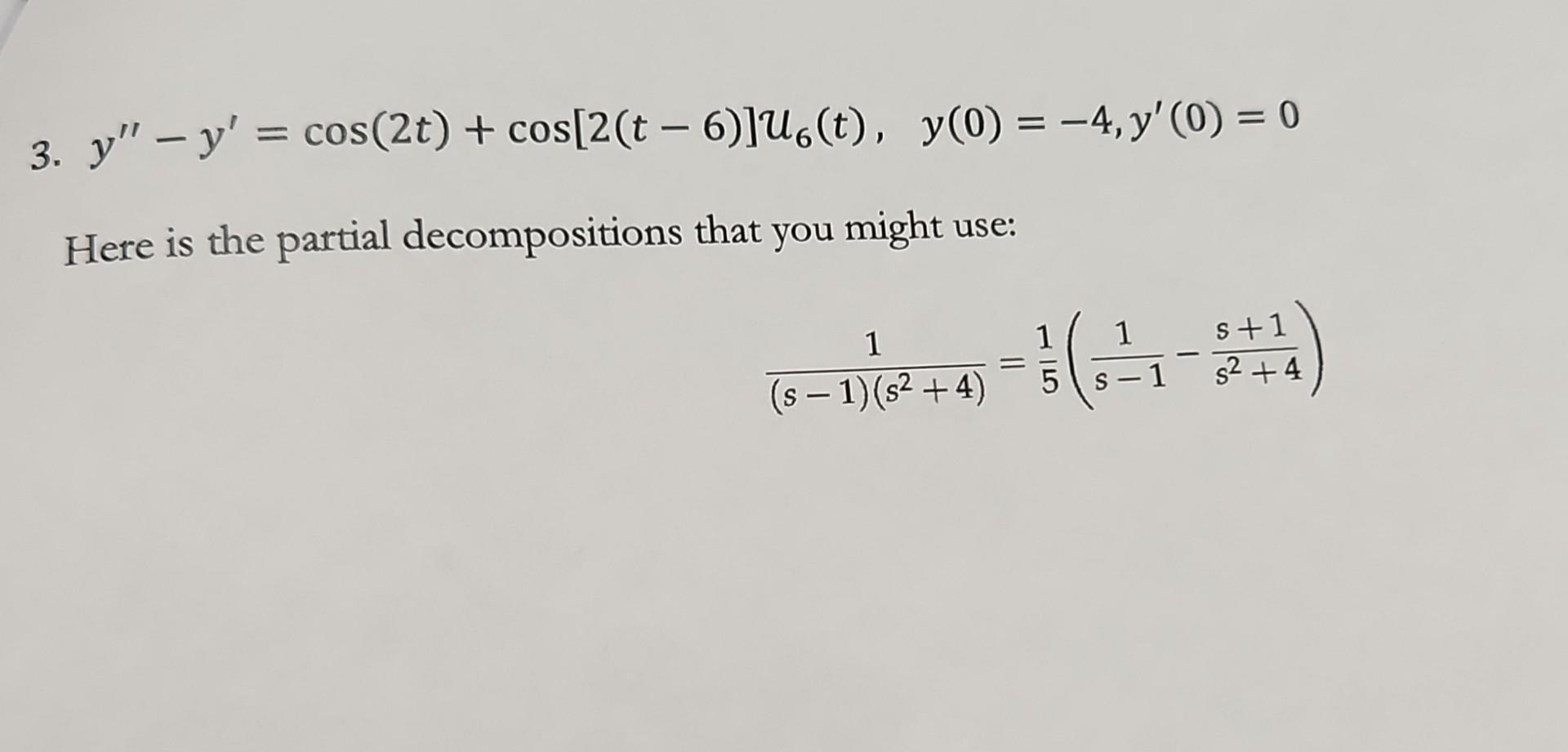 Solved y′′−y′=cos(2t)+cos[2(t−6)]u6(t),y(0)=−4,y′(0)=0 Here | Chegg.com