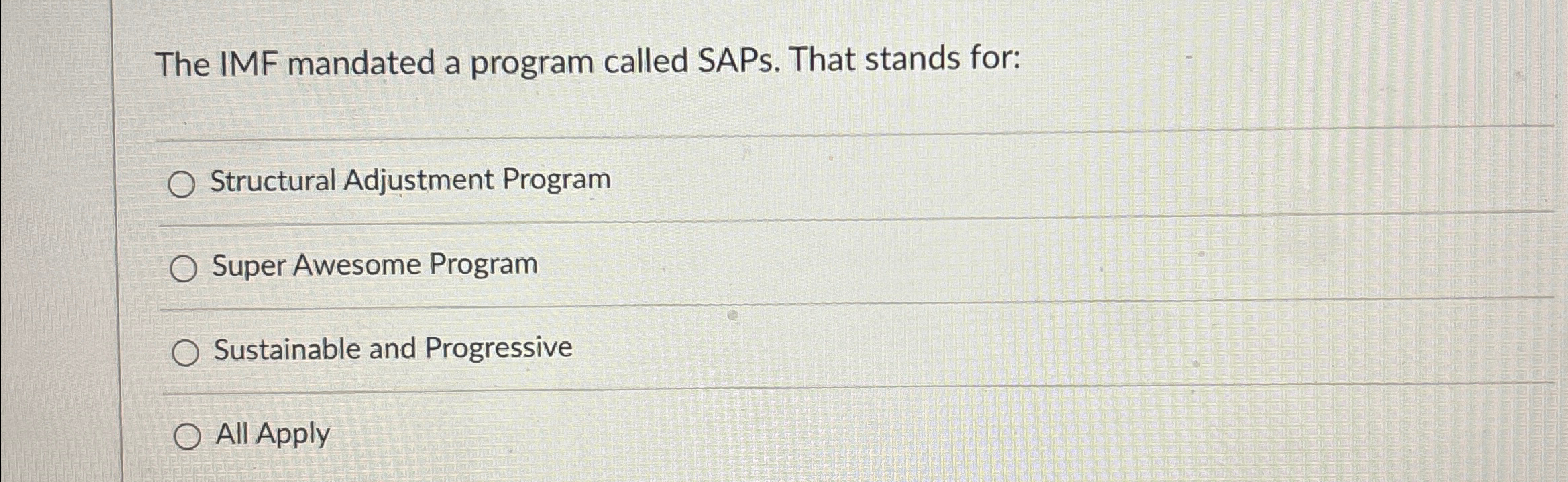 Solved The IMF mandated a program called SAPs. That stands | Chegg.com